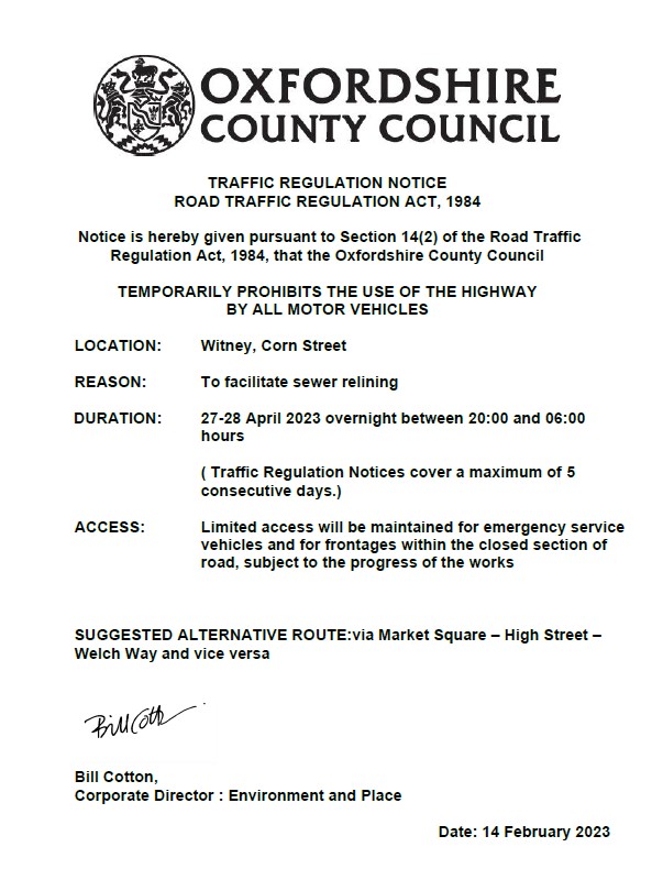 Temporary Road Closure – Corn Street, Witney – Witney Town Council