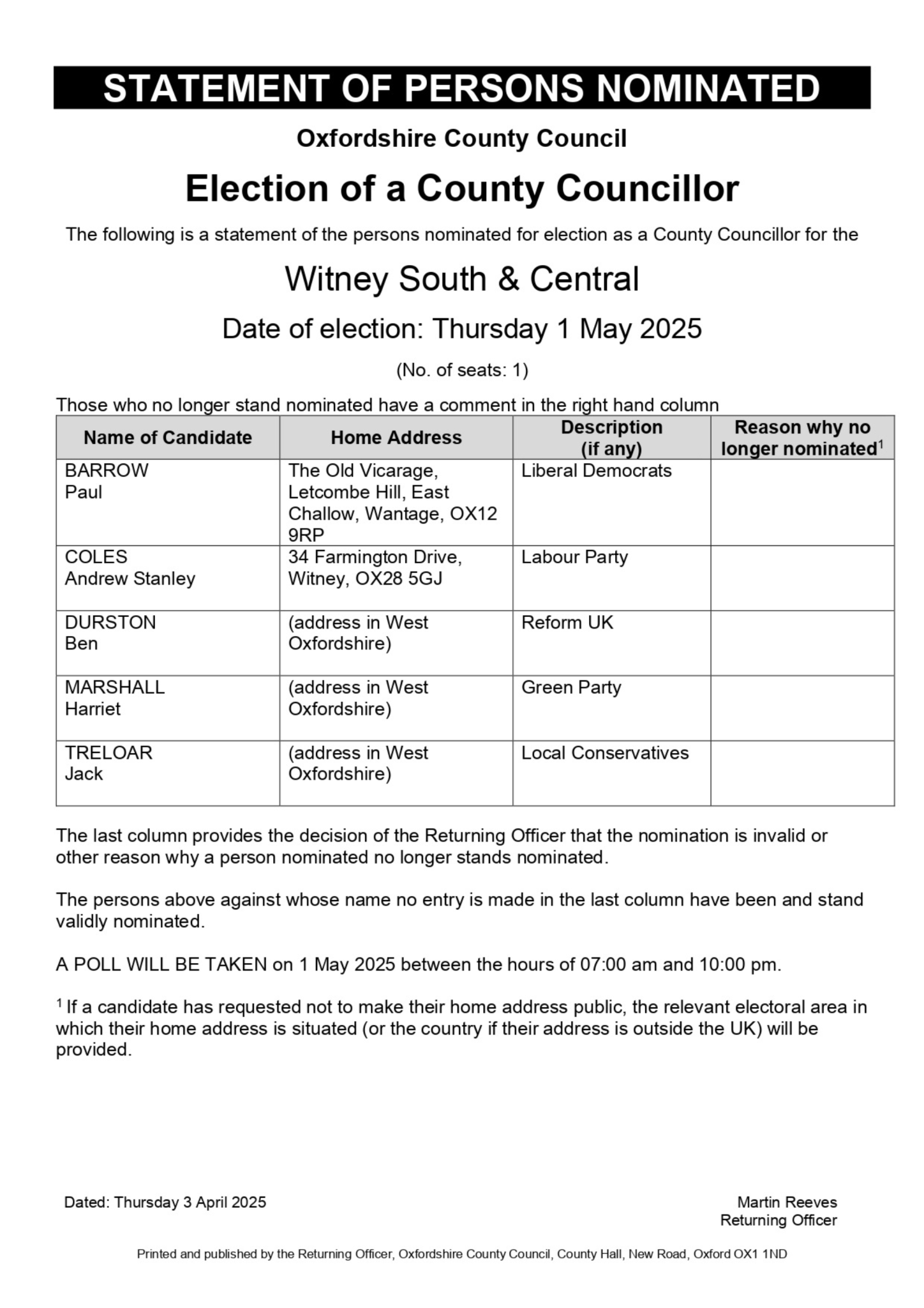 Statement of Persons Nominated – Oxfordshire County Council Election of ...